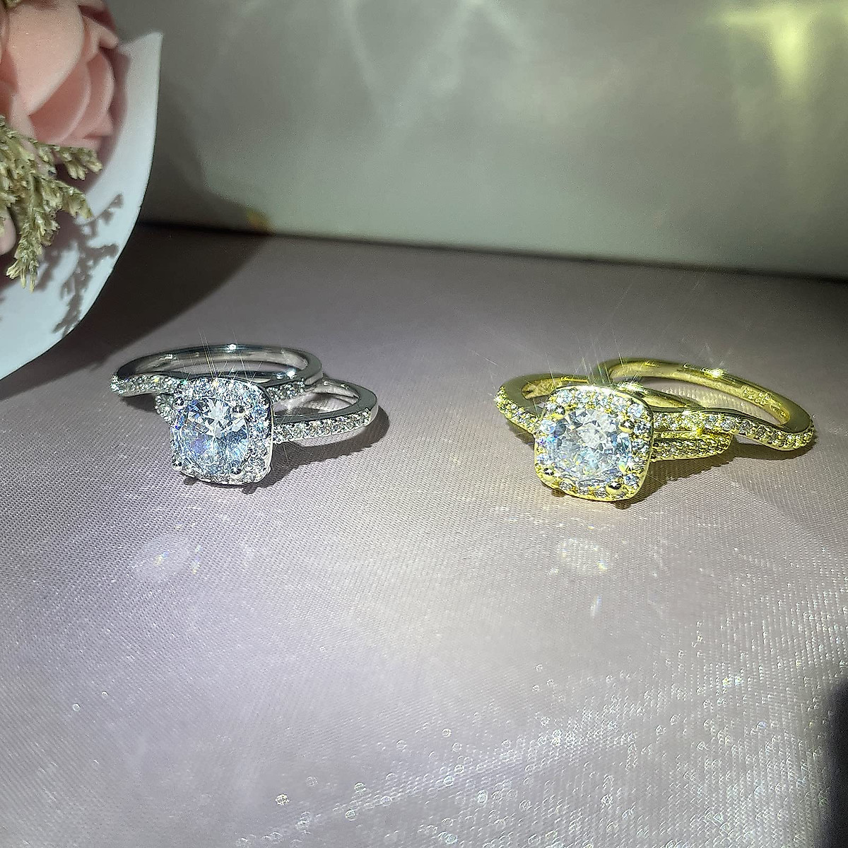 YOYEEWYNS 18K Gold Plated Halo Wedding Bands Engagement Promise Rings for Women Two-in-One Cubic Zirconia Eternity Bridal Set 9