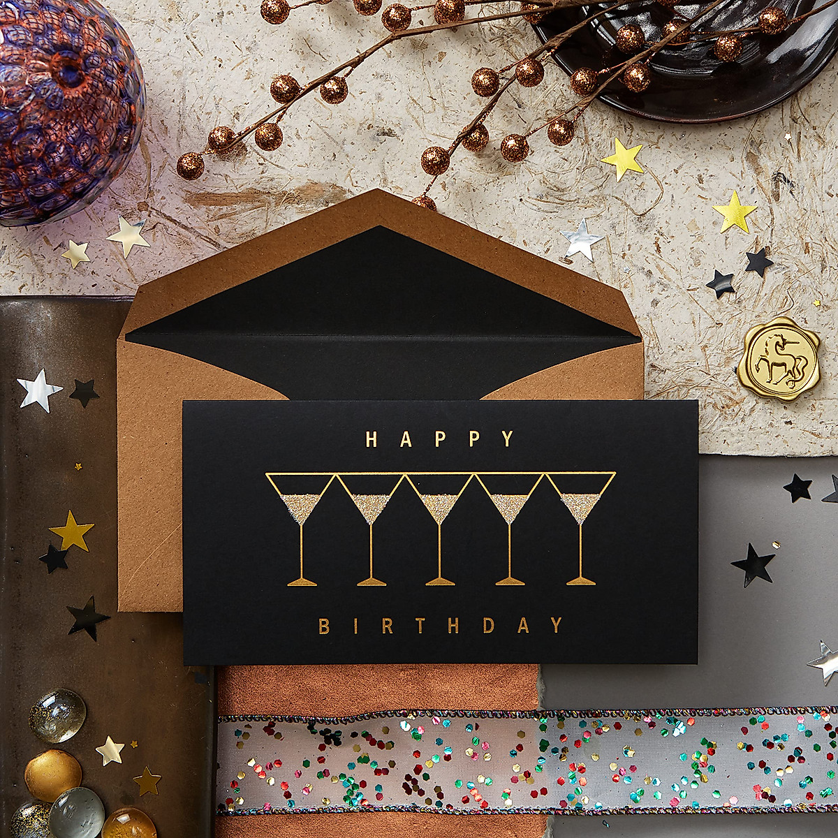 NIQUEA.D, Row of Martinis on Black Birthday Card