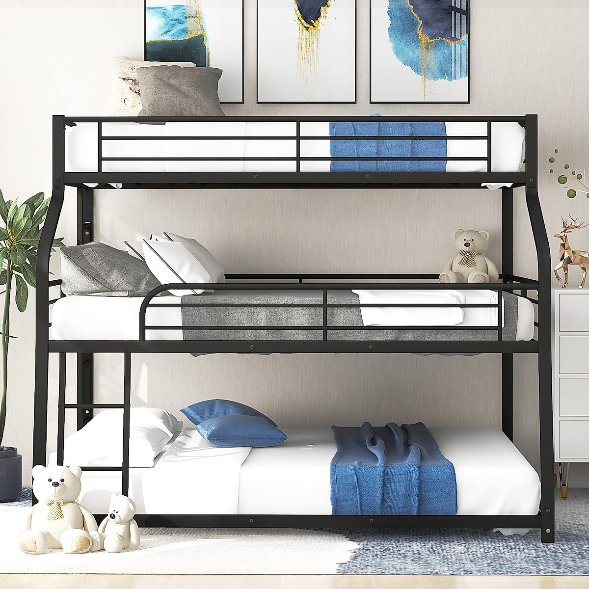 Triple Bunk Beds Twin XL/Full XL/Queen, Made of Heavy Duty Steel with Ladders and Full-Length Guardrails for Boys, Girls, Teens (Black)