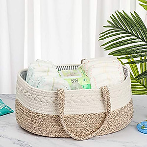 maxgoods Baby Diaper Caddy Organizer -100% Cotton Baby Basket Bin with Removable Divider -Portable Tote Bag Storage Basket for Boy & Girl Nursery Organization (White & Yellow Variegated)