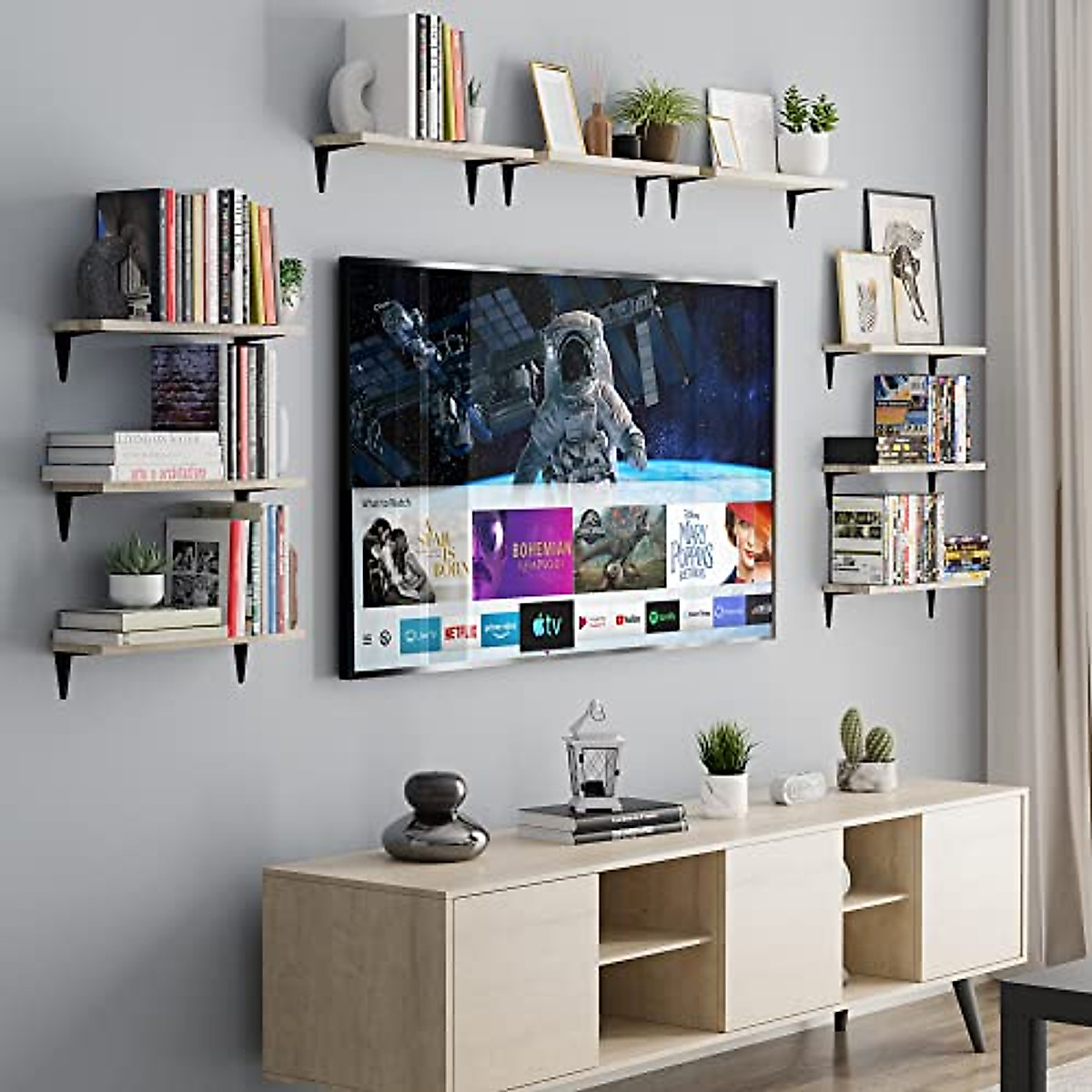 Wallniture Arras 17" Floating Shelves for Living Room Decor, Wall Bookshelf, Floating Shelf for Kitchen & Hallway, Bedroom Shelves for Storage Set of 9, Natural, Wood