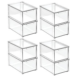 mDesign Plastic Stackable Bathroom Storage Organizer Bin with Pull Out Drawer for Cabinet, Vanity, Shelf, Cupboard, Cabinet, or Closet Organization - Lumiere Collection - 8 Pack - Clear