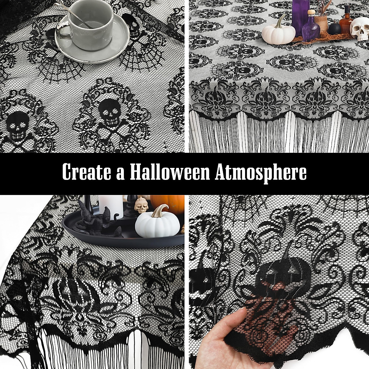 OWENIE Halloween Tablecloth, Skull Lace Fabric Tablecloths with Tassel, Black Pumpkin Table Cloths Table Cover for Rectangle Tables for Parties Gothic Halloween Home Decorations, 52x52 Inch