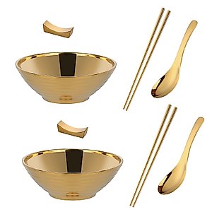 Buyer Star Ramen Bowl Set of 8, 8 inch Noodle Bowl Japanese Style Soup Bowls Set with Chopsticks, Ladle Spoons Set and Large Bowl for Noodles (Gold)