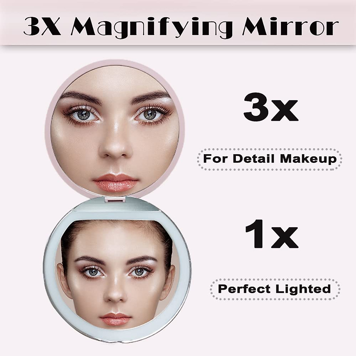 DeYesom LED Compact Mirror with Lights, Dimmable, Portable, Magnifying, Rechargeable