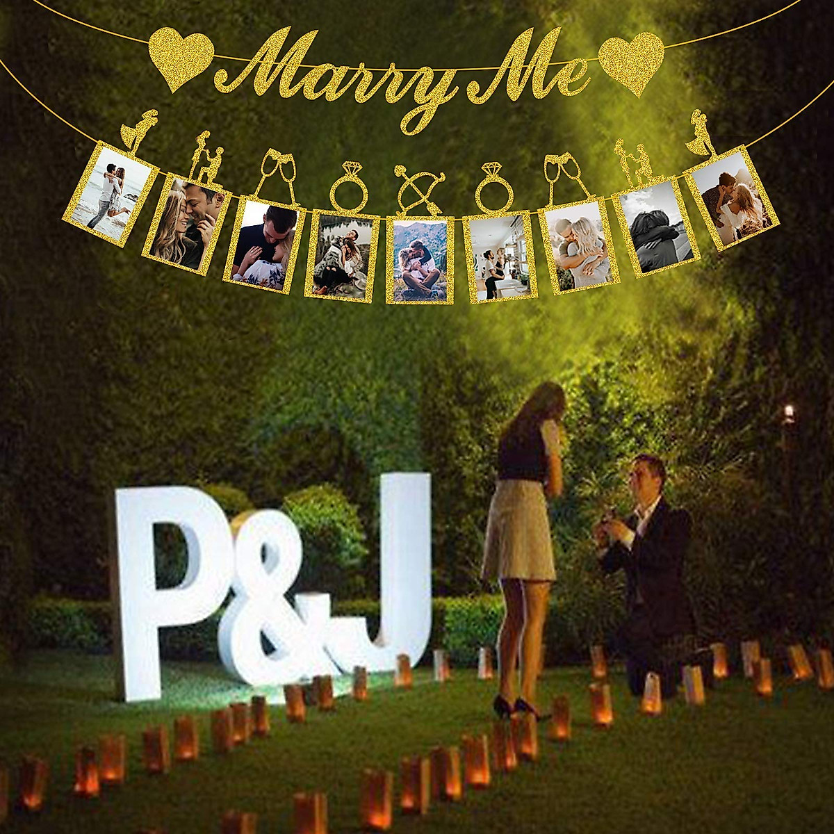 Marriage Proposal Decorations,Gold Marry Me Banner and Photo Banner with Picture Card Frames for Marriage Proposal Ideas Wedding Proposal Decorations.(Gold Glitter)