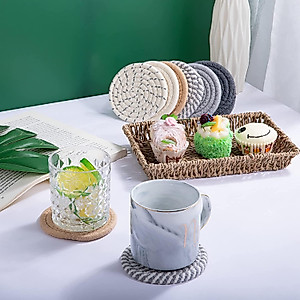 Boho Drink Coasters & Seagrass Basket Holder Set, 6 Styles 12 Pcs Handmade Braided Absorbent Coasters for Drinks, Hand Woven Seagrass Wicker Basket, Heat-resistant Woven Coasters for Table Home Decor