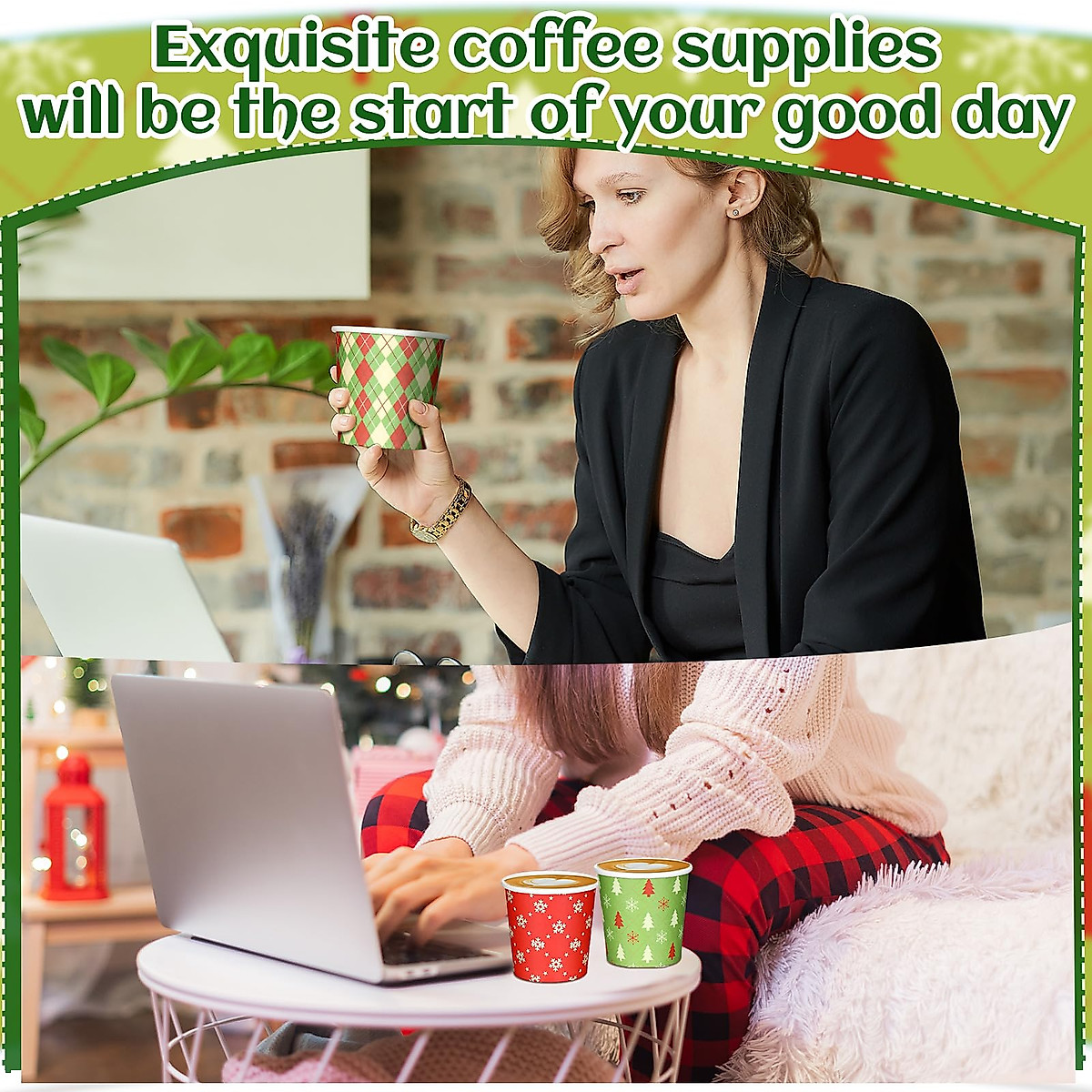Maxcheck 300 Pcs Christmas Paper Cups 4 oz Disposable Holiday Supplies 6 Styles Paper Coffee Espresso Cups Xmas Green Red Drink Drinkware for Chocolate Tea Cocoa Beverage Party Office