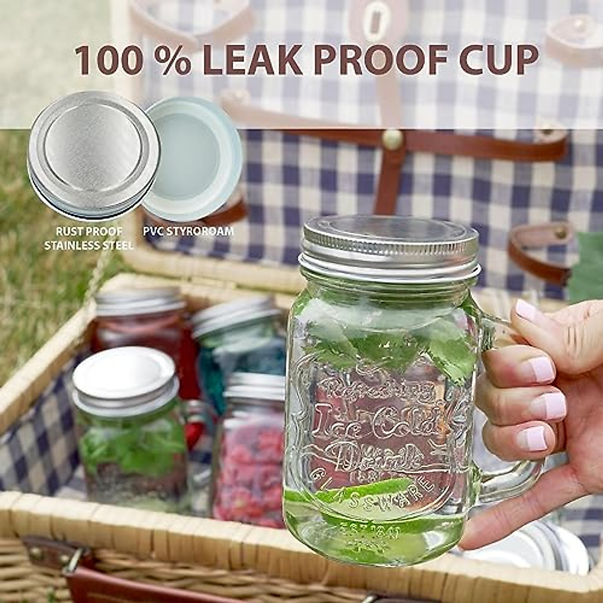 Pinkrella Mason Drinking Jars, 16 oz Glass Mugs Set of 6 with Handles, Airtight & Straw Lids, Glass Straws, Cleaning Brushes