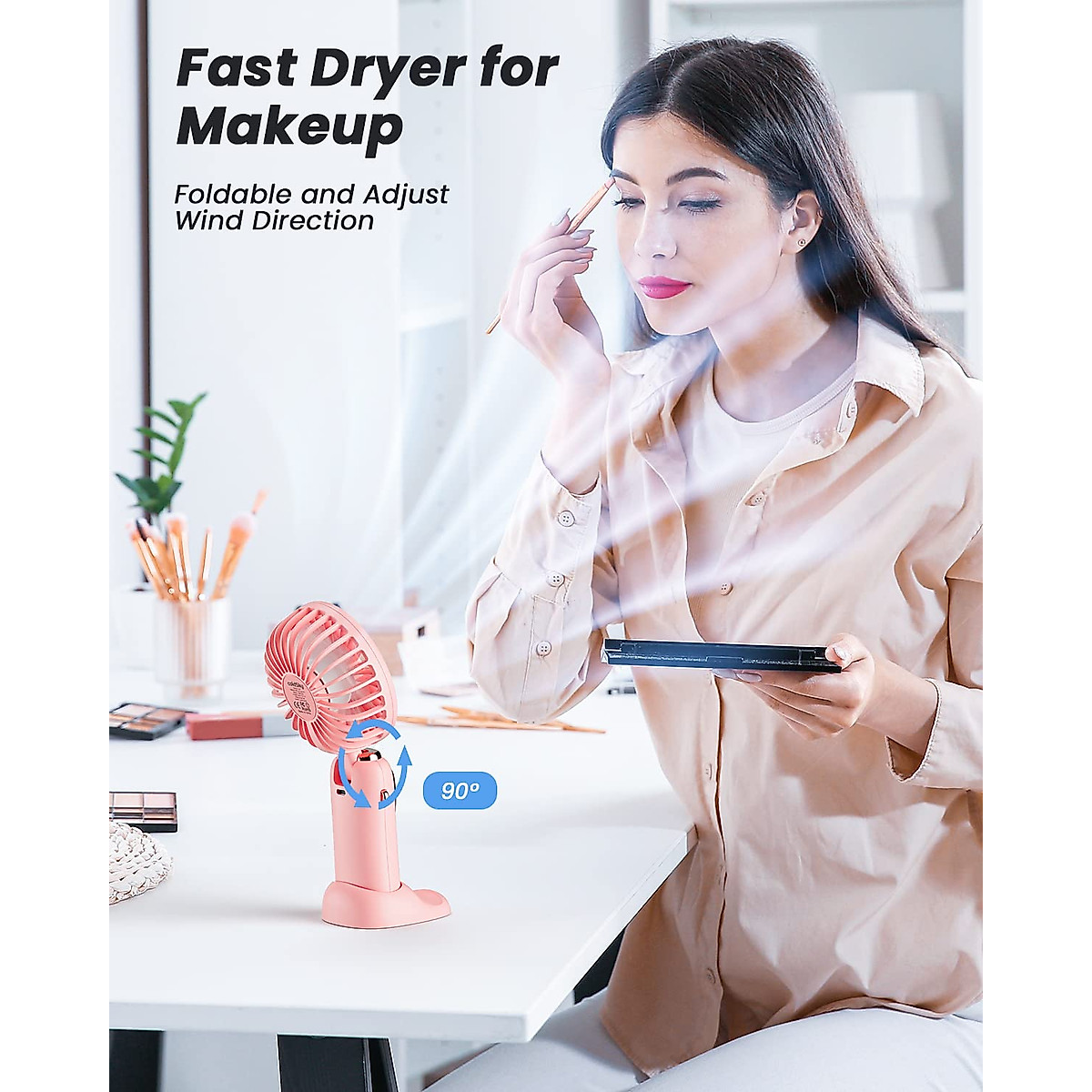 coldSky Portable Handheld Fan, 4000mAh Battery Operated Fan with LED Display, Handheld/Neck/Desk 3 in 1 Personal Small Fan, 90° Foldable Desk Fan with Base, 5 Speed Lash Fan Makeup Fan for Women