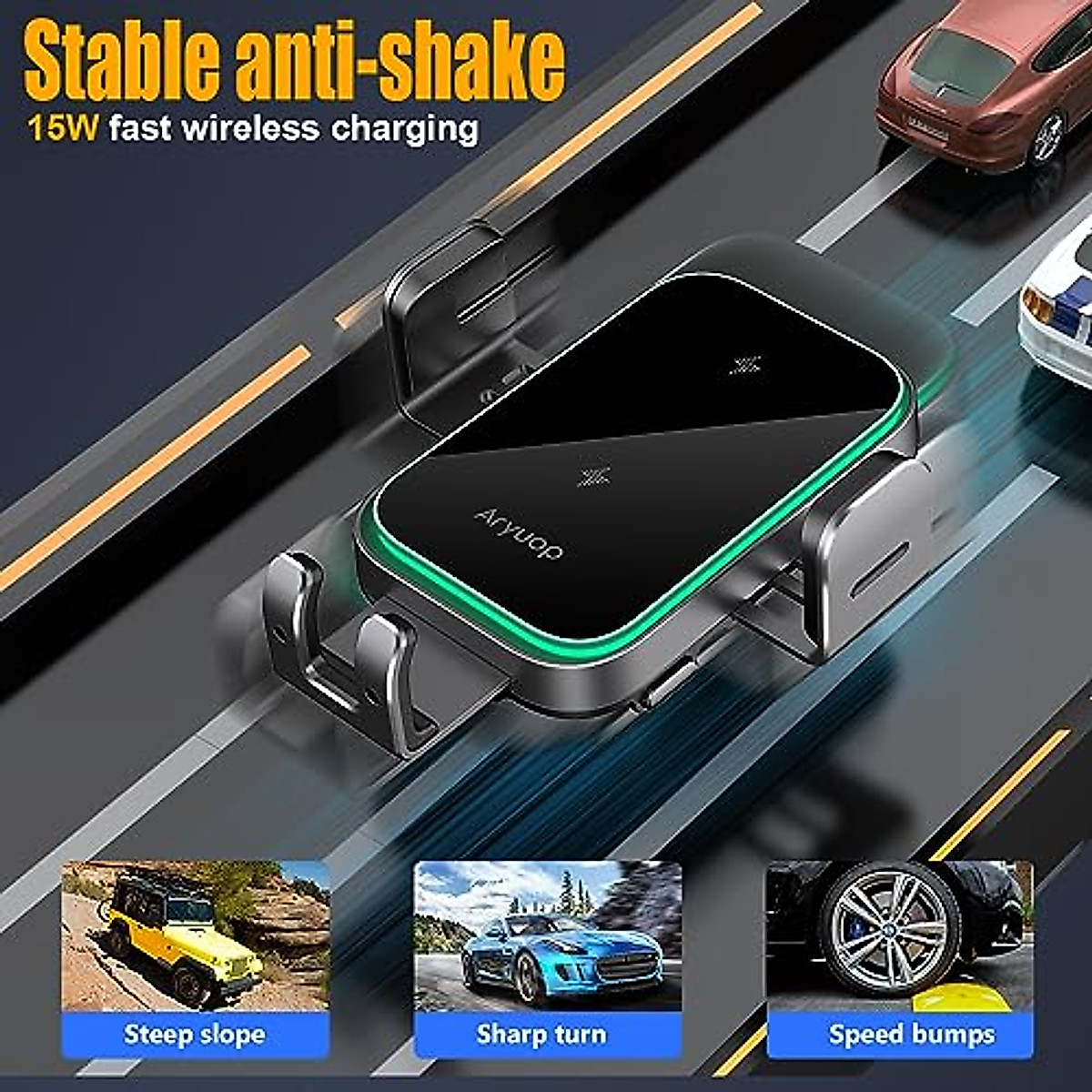 15W Fast Wireless Car Charger Mount Dual Coil - Auto Alignment Clamping Wireless Car Phone Charger, Dashboard Windshield Wireless Charging Car Holder for iPhone15/14/13/12/Pro Max/Samsung Galaxy