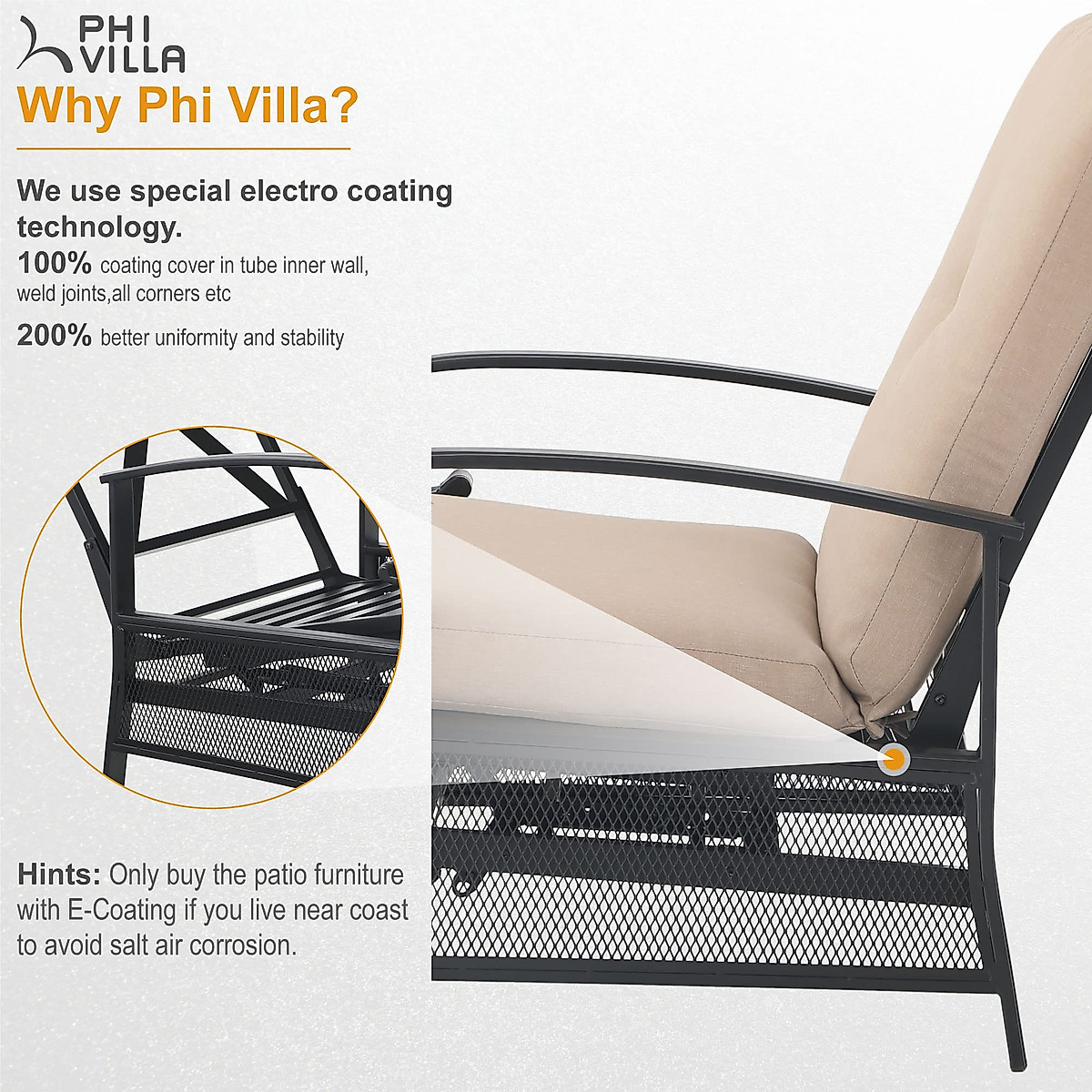 PHI VILLA Outdoor Recliner Chair for Patio, Oversized Patio Metal Chaise Lounge Chair Zero Gravity with Removable Beige Cushion for Garden, Poolside, Lawn