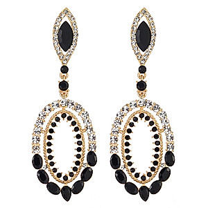LARGE Gold Color Victorian Marquise Black Crystal Rhinestone Cluster Large Oval Dangle Statement Earrings