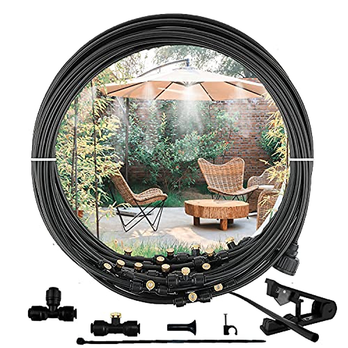 HEMYLU Misting Cooling System, 50FT (15M) Misting Line + 16 Brass Mist Nozzles + Quick Installation Kit Misting System for Outdoor Patio Garden Greenhouse