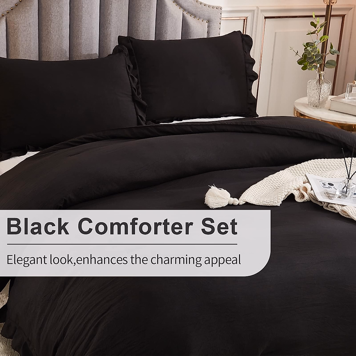 Andency California King Comforter Set Black (104x96Inch), 3 Pieces Cal King Ruffle Comforter, Oversized Farmhouse Shabby Chic Bed Comforter, Lighteweight and Soft Microfiber Bedding Set