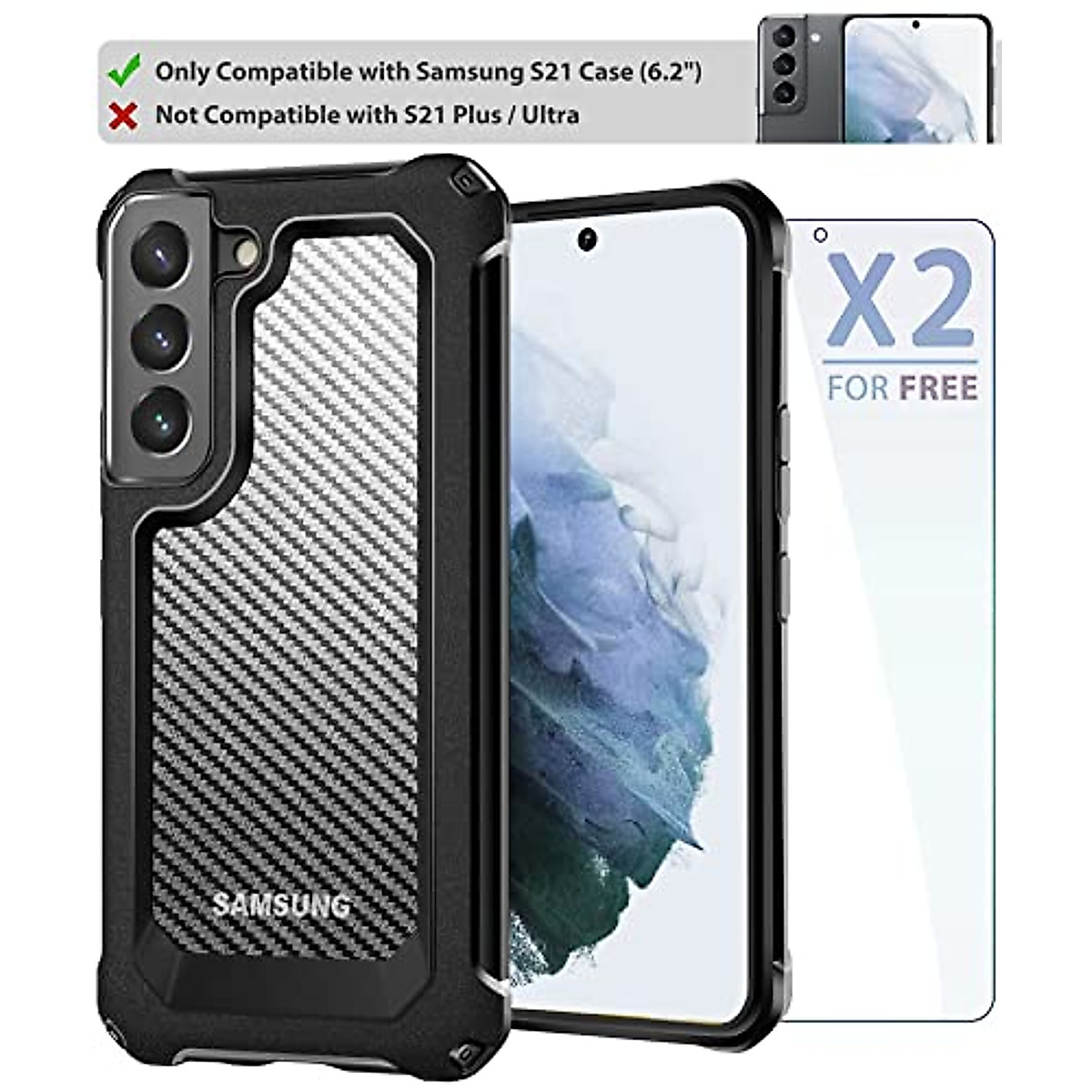 SUPBEC Galaxy S21 Case, Carbon Fiber Shockproof Protective Cover with Screen Protector [x2] [Military Grade Protection] [Scratch Resistant & Anti-Fingerprint], Samsung Galaxy S21 Case, 6.2", Black