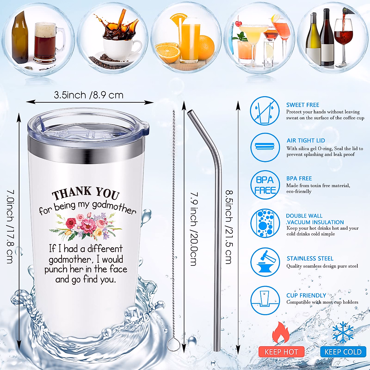 Novel Godmother Gift Set, Thanks for Being My Godmother Spa Tumbler Relaxation Basket Including 20 Oz Insulated Vacuum Mug Tumbler with Lid Straw Brush Godmother Keychain Makeup Bag (Flower)