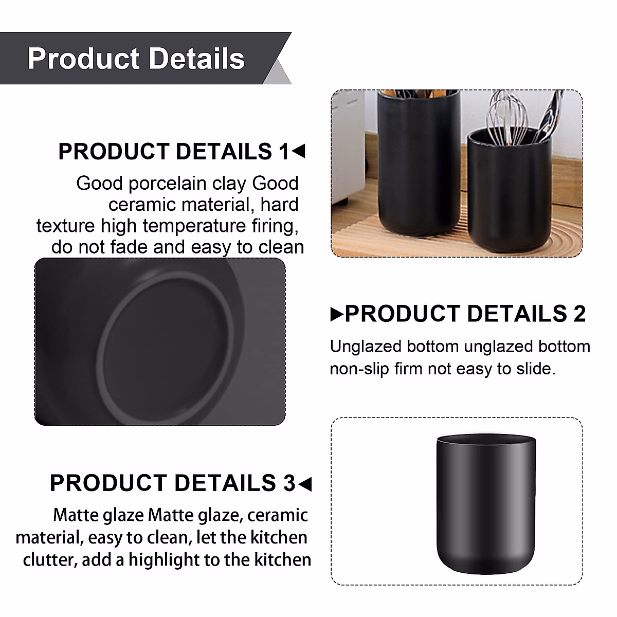 HOMURY Black Ceramic Kitchen Utensil Holder 3.98 × 5.28 Inch Matte Utensil Holder with Non-slip Base Black Ceramic Kitchen Utensil Holder Kitchen Supplies, Countertop Utensil Organizer for Kitchen