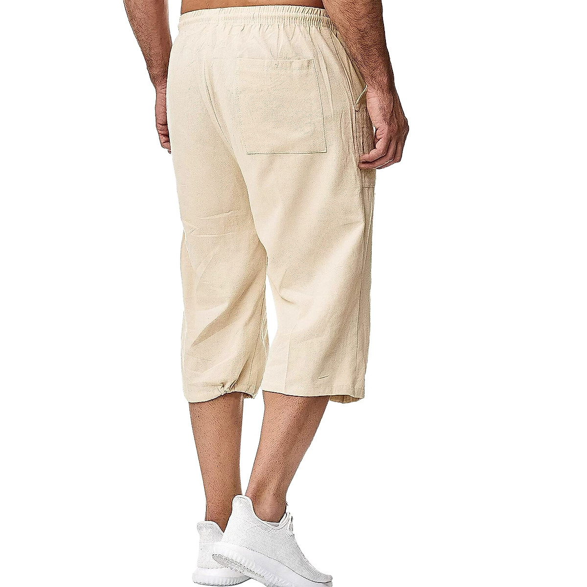 LVCBL Mens 3/4 Linen Capri Pants Elastic Waist Casual Loose Baggy Harem Pants Khaki M