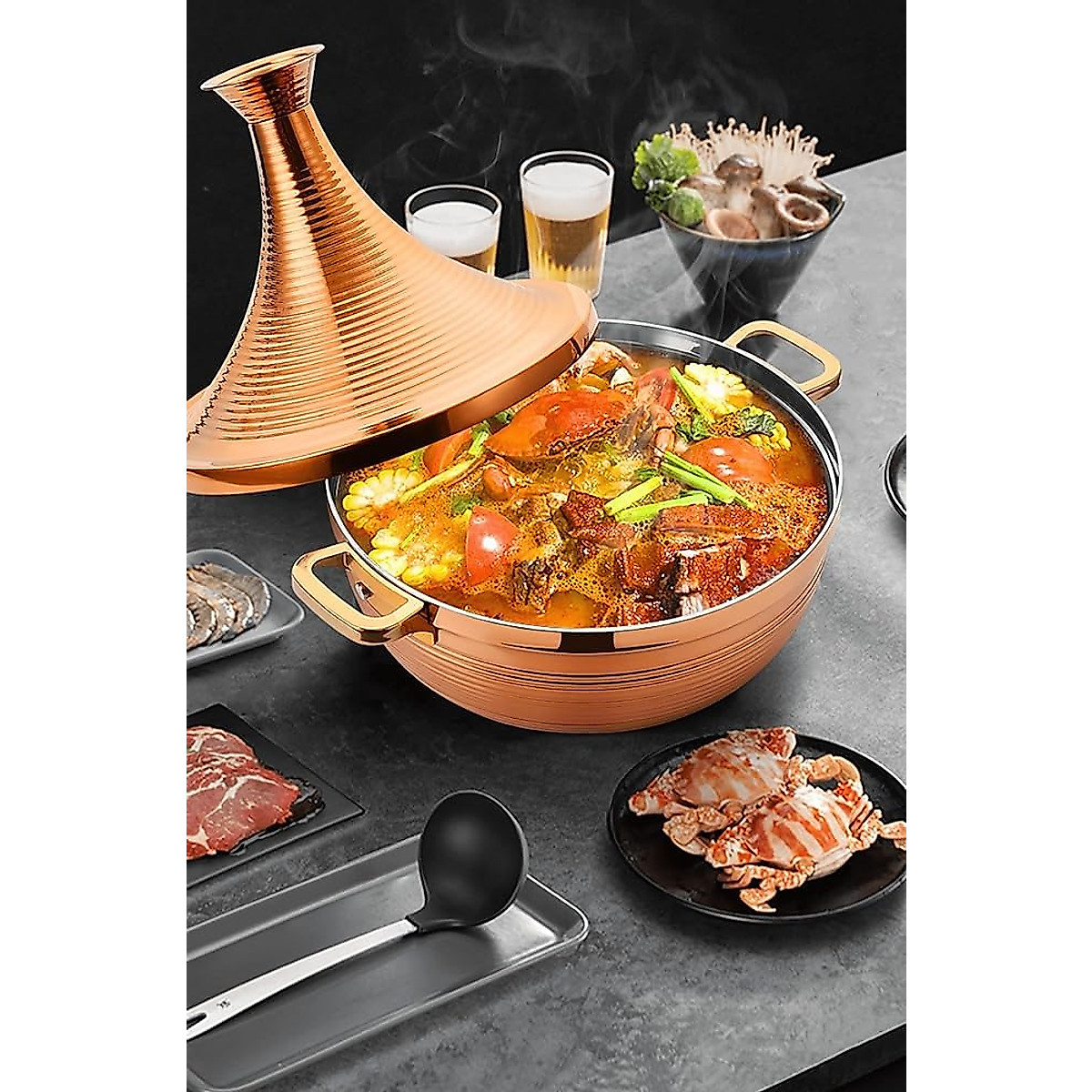 304 Stainless Steel Moroccan Tagine Pot,Non Stick Tagine Stainless Steel Tower Stew Dry Pot Non-stick Slow Cooker Seafood High Lid Pan Electromagnetic Cooker Moroccan Tajine Casserole,Gold,26cm