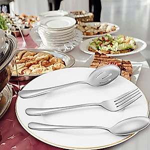 Eisinly Serving Utensils, Set of 6 Large Serving Spoons Forks Tongs Butter Knife and Pie Server, Thickened Stainless Steel Buffet Catering Flatware Serving Set for Party Banquet