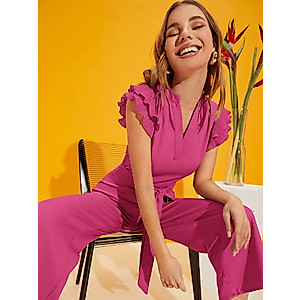 WDIRARA Women's LayePink Ruffle Cap Sleeve Notched V Neck Belted Jumpsuit Pants Pink L