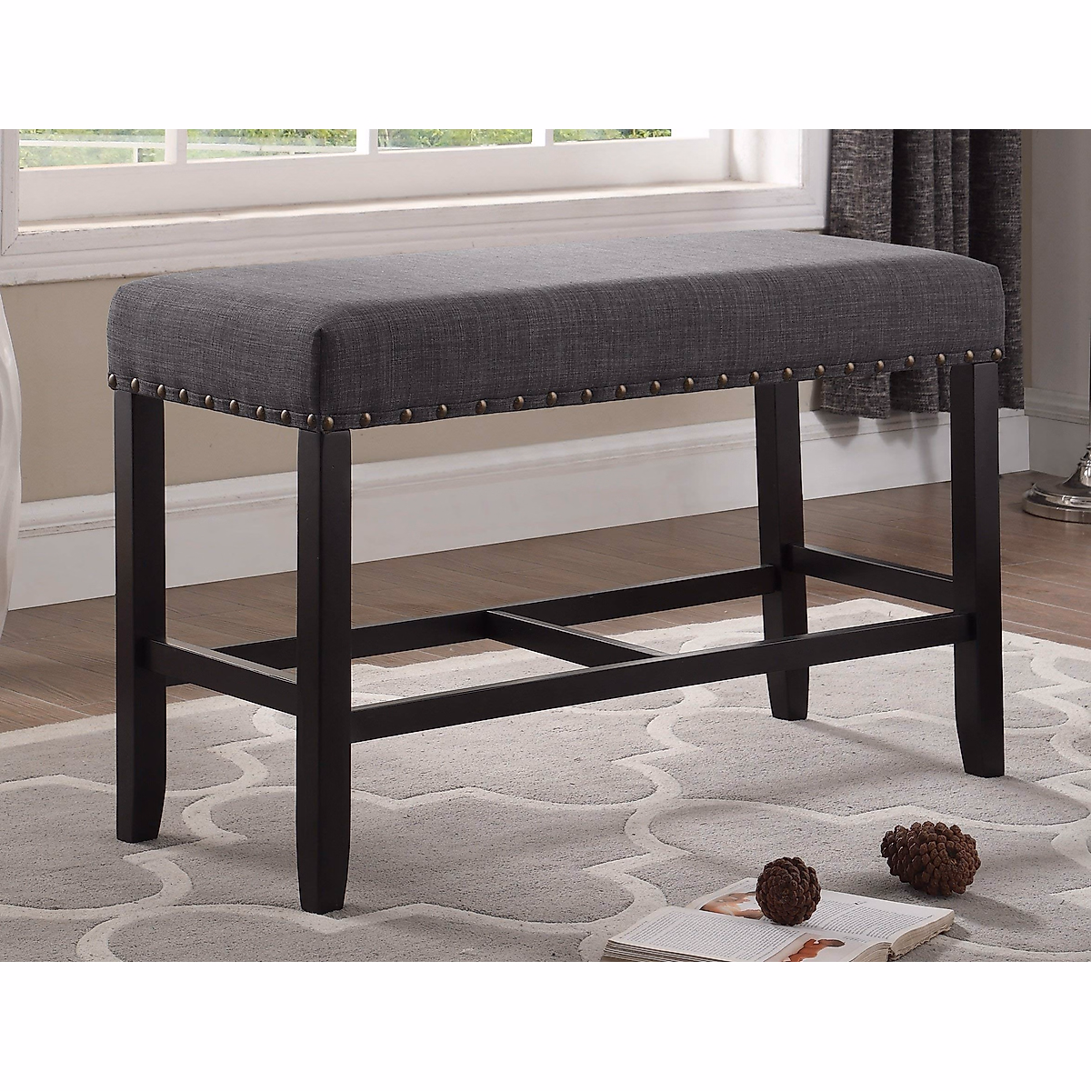 Roundhill Furniture Biony Gray Fabric Counter Height Stools with Nailhead Trim, Set of 2 Biony Fabric Counter Height Dining Bench with Nailhead Trim, Grey