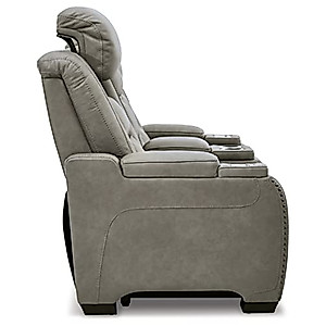 Signature Design by Ashley The Man-Den Leather Power Reclining Loveseat with Center Console, Adjustable Headrest & Wireless Charging, Gray