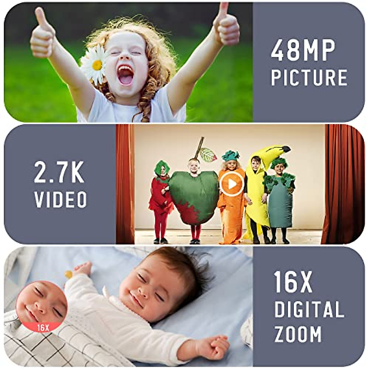 Digital Camera, Kids Camera for Teens Boys and Girls, 48MP 2.7K Digital Camera with 16X Digital Zoom, 32 GB SD Card and 2 Batteries Included (Black)