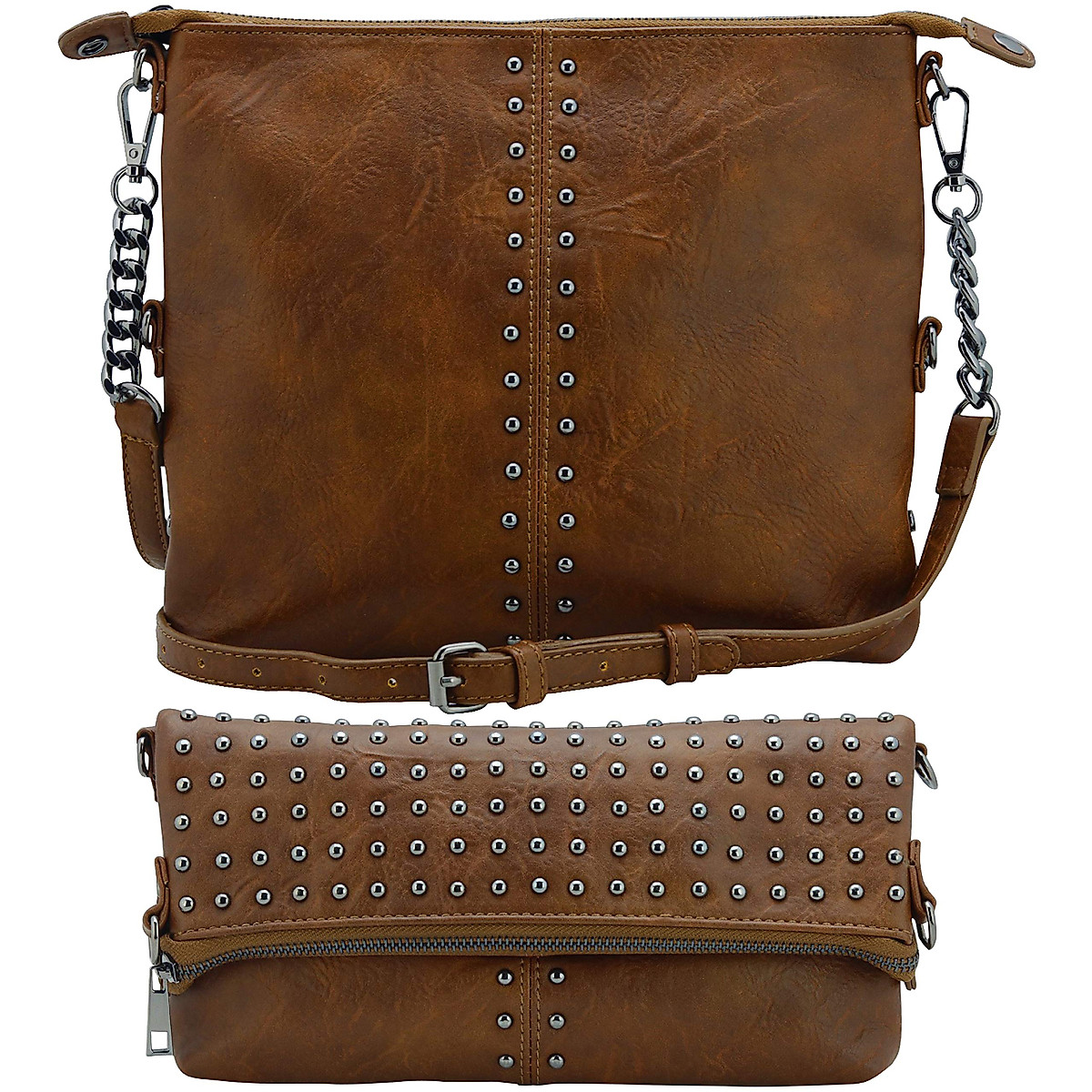 K&Bo Stevie Women’s Studded Chain Crossbody Handbag Purse Brown, Rocker Chic Boho Medium, Converts to Clutch Bag, Lightweight