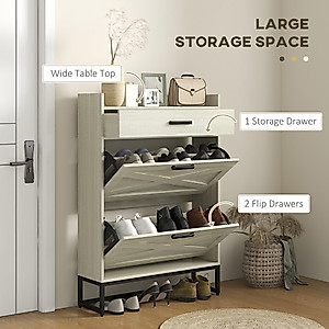 HOMCOM Narrow Shoe Cabinet, Industrial Shoe Storage Cabinet with 2 Flip Drawers, Adjustable Shelves, and Top Drawer, Entryway Hidden Shoe Storage for 12 Pairs of Shoes, Distressed White