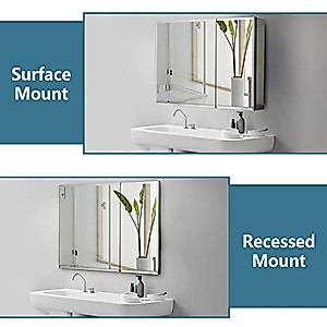 MOVO Double Doors Medicine Cabinet with Mirror, 30 inch X 26 inch Aluminum Bathroom Medicine Cabinet, Adjustable Glass Shelves, Waterproof and Rust-Resist, Recess or Surface Mount