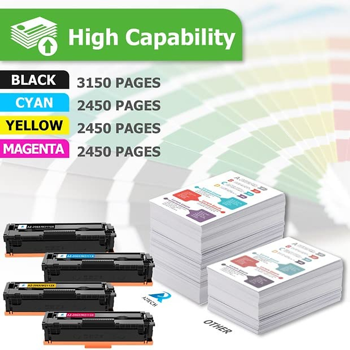 206X 206A Toner Cartridges 4 Pack High Yield Compatible Replacement for HP 206X W2110X 206A W2110A Color Laserjet Pro MFP M283fdw M283cdw M283 Pro M255dw Printer Ink (Black Cyan Yellow Magenta)