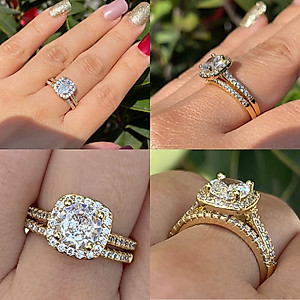 Ahloe Jewelry CEJUG 18K Gold Plated Wedding Rings for Women Engagement Bridal Ring Set Wedding Bands Halo Round Golden 1.5Ct Cz Size 11