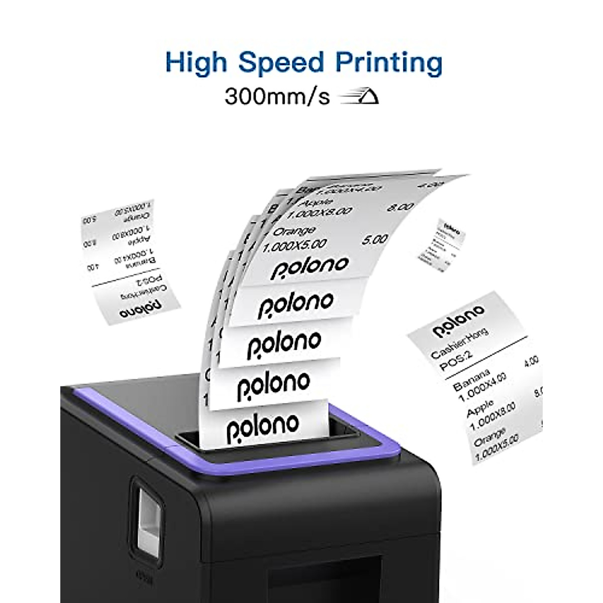 POLONO Receipt Printer, 3 1/8"" 80mm PL330 Thermal Receipt Printer, 300mm/s POS Receipt Printer, 2 1/4"" x 50' Thermal Paper, Receipt Paper Suitable for Many Credit Card Terminals, BPA Free, 50 Rolls