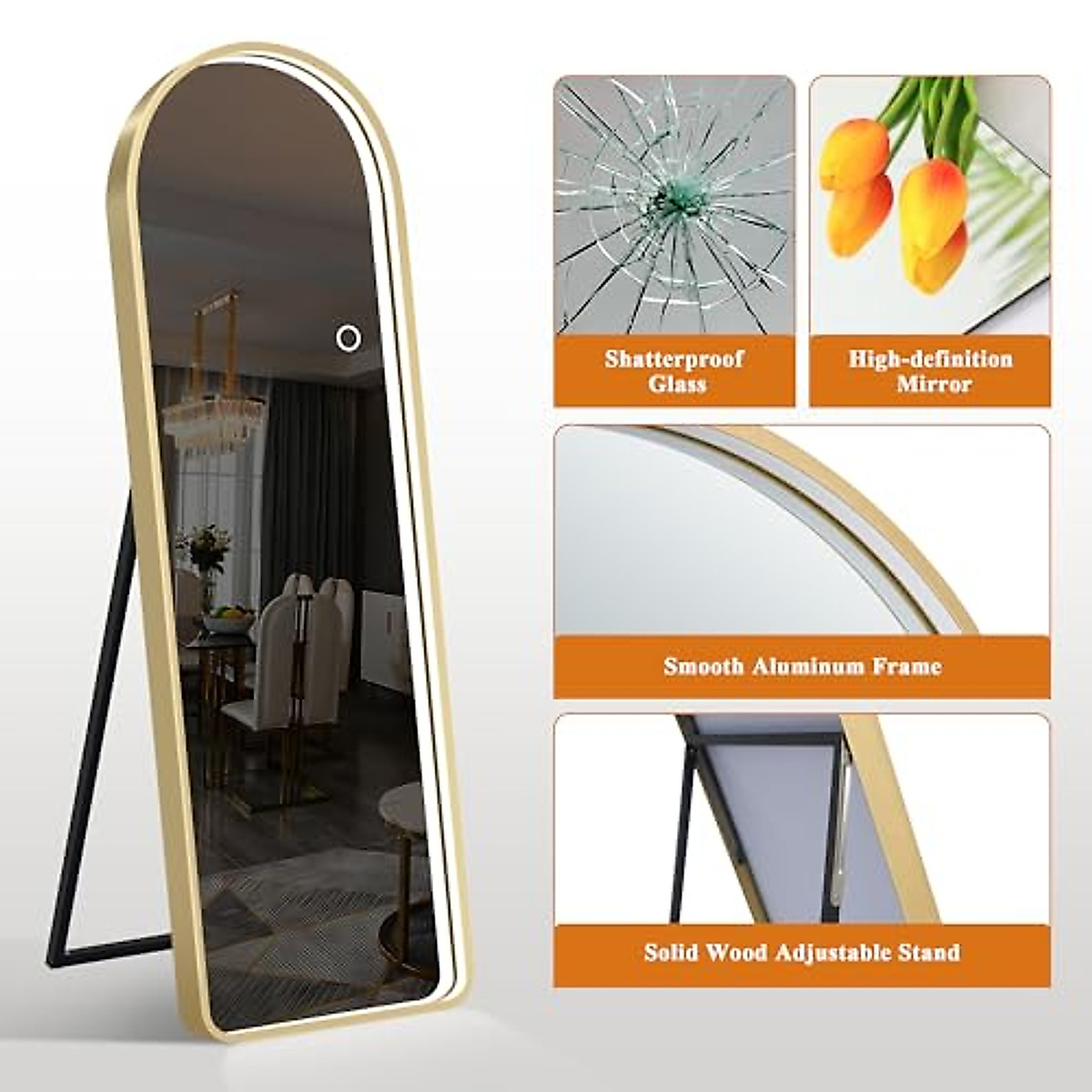 SDHYL Arched Full Length Mirror with Lights, 64"x20" LED Mirror Full Length with Stand, Full Body Mirror with Touch Button and Plug, Dimmable Brightness Dressing Mirror for Living Room, Gold