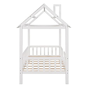 LostCat Kids House Bed,Twin Size Bed House Wood Montessori House Bed Frame with Fence and Rails, House Bed Kids Montessori Beds Playhouse Tent Bed, Solid Wood Platform Bed Frame for s, White