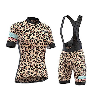 Women's Pro Series Leopard Print Cycling Short Sleeve Jersey, Bib Shorts, or Kit Bundle (Medium - Size 6, Jersey + Bib Shorts Set)