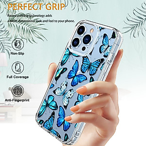 LUHOURI Designed for iPhone 13 Pro Max Case with Screen Protector - Crystal Acrylic Clear for Women and Girls - Slim Fit Protective Phone Cover 6.7" - Floral Blue Butterflies