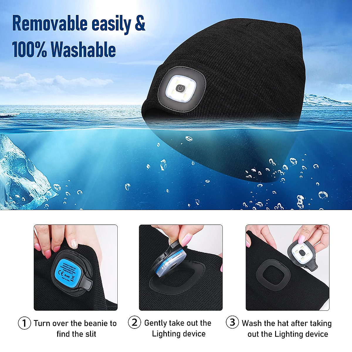 Abbicen Beanie Hat with Light Winter Knit Lighted Headlight Hats USB Rechargeable Grey