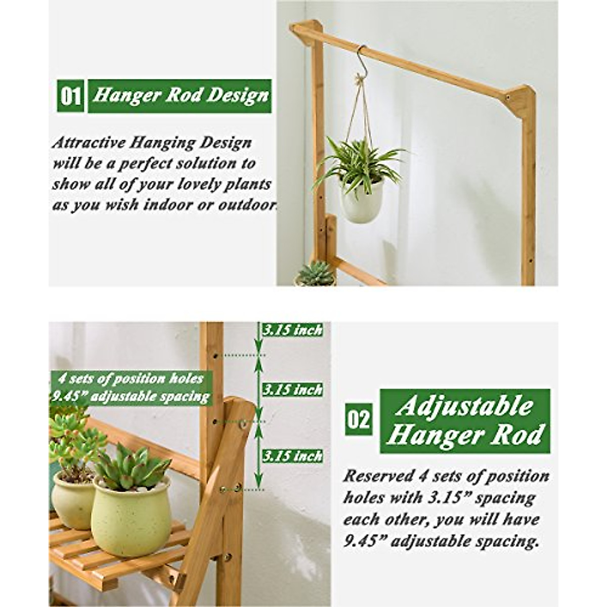 COPREE Bamboo 3-Tier Hanging Plant Stand Planter Shelves Flower Pot Organizer Rack Folding Display Shelving Plants Shelf Unit Holder