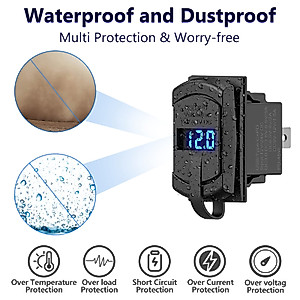 Rocker Style Switch Replacement USB C Car Charger Socket, Dual PD and QC3.0 12V/24V Panel Mount USB Outlet with LED Voltmeter for Boat, Marine, Truck, Bus, Off Road Vehicles, RV, Golf Cart, etc.