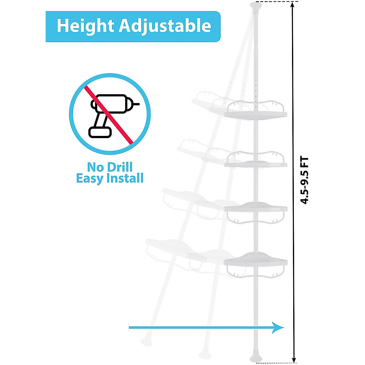 MIYA Adjustable Shower Caddy Corner Tension Pole, 4.5-9.5 FT Standing Corner Shower Organizer, 4-Tier Bathroom Storage Shelf for Inside Shower, Rustproof White Bathtub Caddies with Hooks, Drill Free