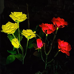 Thafikzi Solar Garden Stake Lights, 2 Pack Outdoor Solar Powered Rose LED Lights with 4 Rose Flowers, White Light Waterproof Solar Decorative LED Lights for Garden, Patio, Backyard (Yellow)