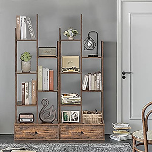 WEENFON Unique Bookcase with 1 Large Drawer, Tree-Shaped Bookshelf with 7 Storage Shelves, Open Standing Bookshelf for Bedroom, Living Room, Office, Rustic Brown