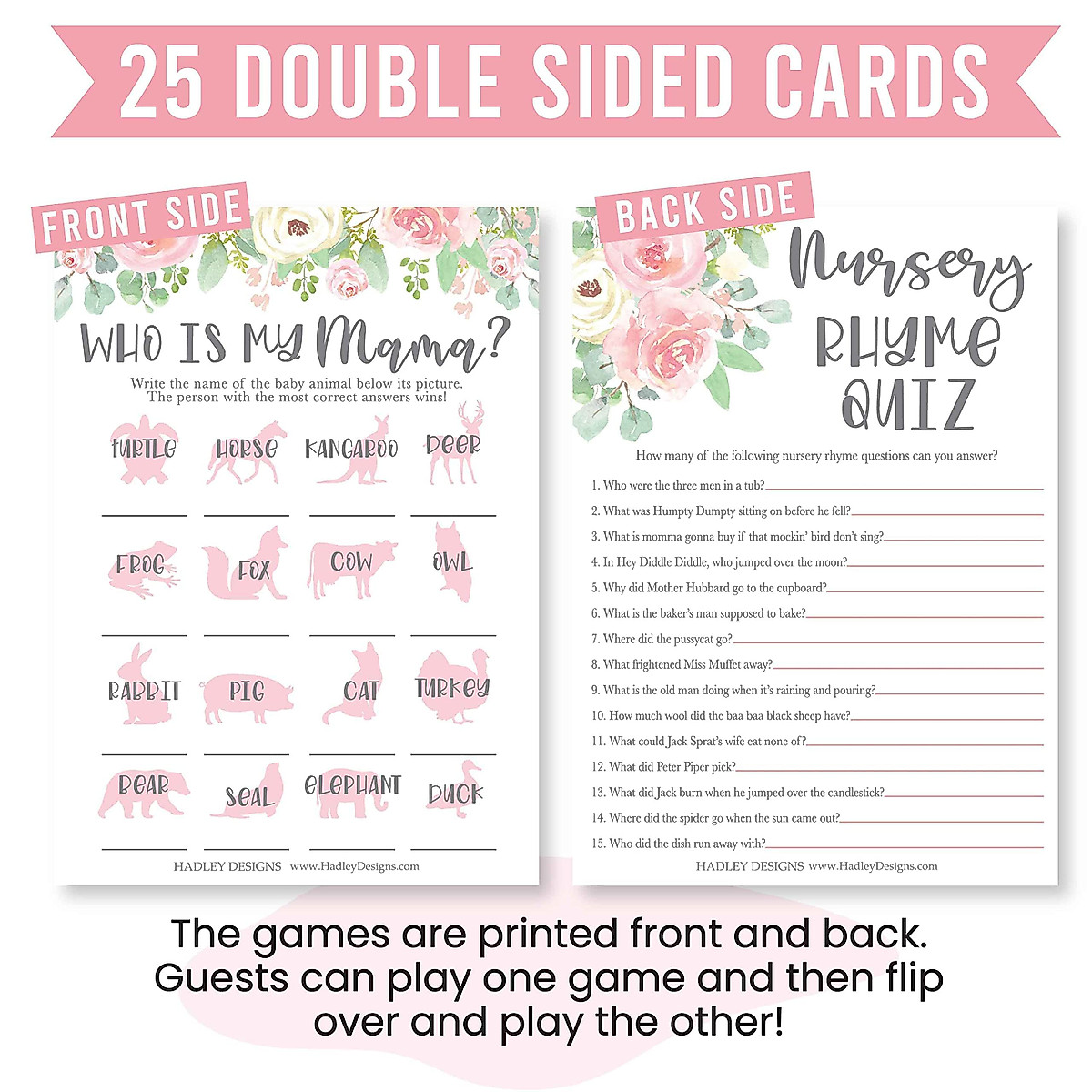 25 Floral Animal Matching, 25 Nursery Rhyme Game, 25 Who Knows Mommy Best, 25 Baby Prediction And Advice Cards - 4 Double Sided Cards, Baby Shower Party Supplies