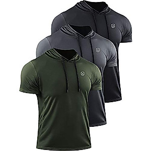 NELEUS Men's Running Shirt Mesh Workout Athletic Shirts with Hoods,5084,3 Pack,Black/Grey/Olive Green,US XL,EU 2XL