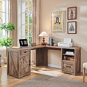 JXQTLINGMU L Shaped Desk, Corner Computer Desk with File Drawer & Charging Station, Home Office 59x61Inch Huge Workspace Study Writing Desk, Warm Brown