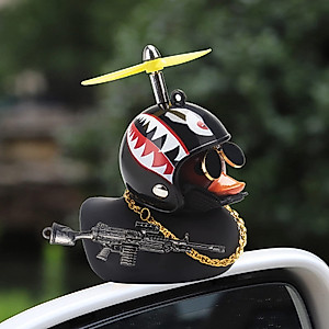 wonuu Rubber Duck Car Ornaments Pink Duck Car Dashboard Decorations Set with Propeller Helmet, Sunglasses, and Gold Chain. (T-Shark-Black G)