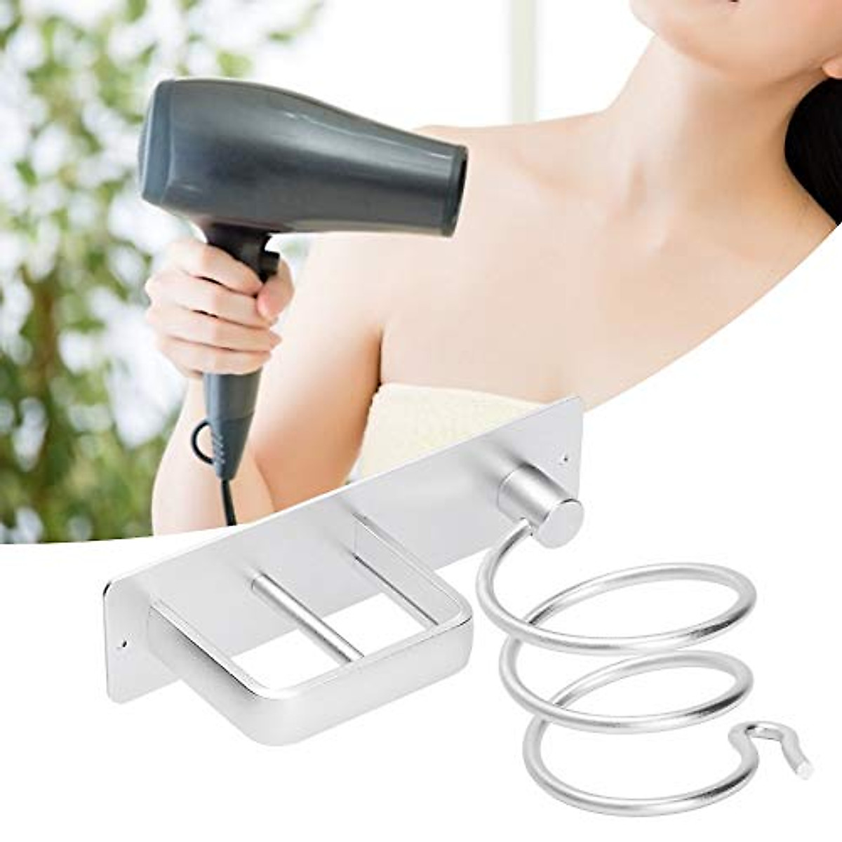 Mumusuki Aluminum Wall Mounted Punch Shelf Hair Dryer Storage Rack Organizer Holder Stand for Bathroom Silver